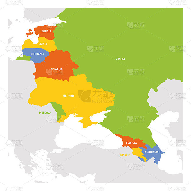 东欧地区。东欧国家的地图。后苏联和高加索国家。矢量图