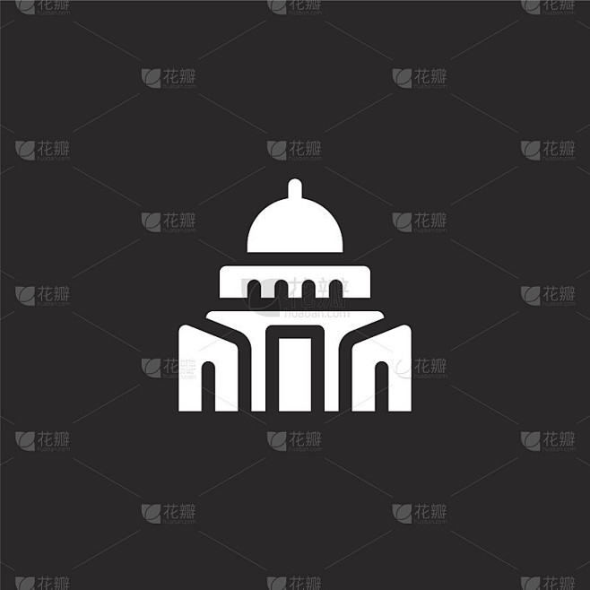 政府的图标。充满政府图标的网站设计和移动，应用程序开发。政府图标从充满城市生活收集孤立在黑色背景。