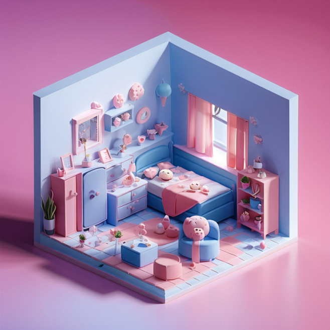 剖面房间卧室厨房3D小房间模型 (39)