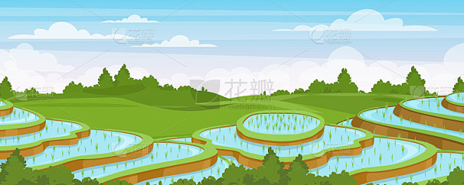 稻田景观矢量插图，卡通平坦的乡村农田风景与绿色水稻梯田与水，亚洲农业背景