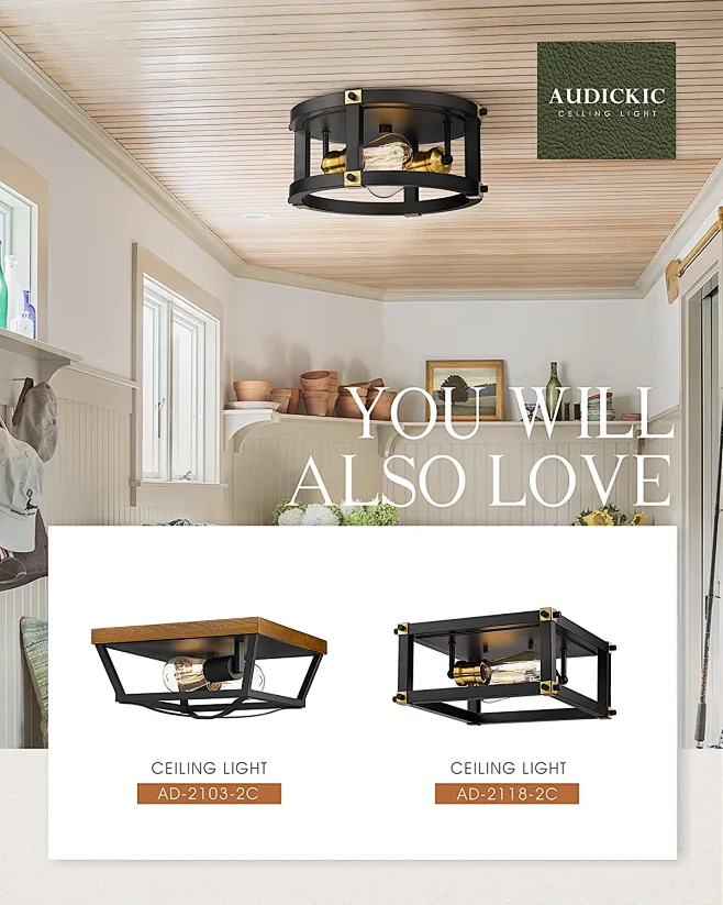 Audickic 13 inches Flush Mount Ceiling Light, Industrial 2-Light Close ...