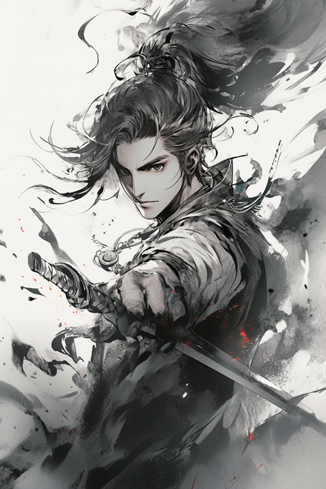 古风执剑少年水墨武侠剑客插画-花瓣网