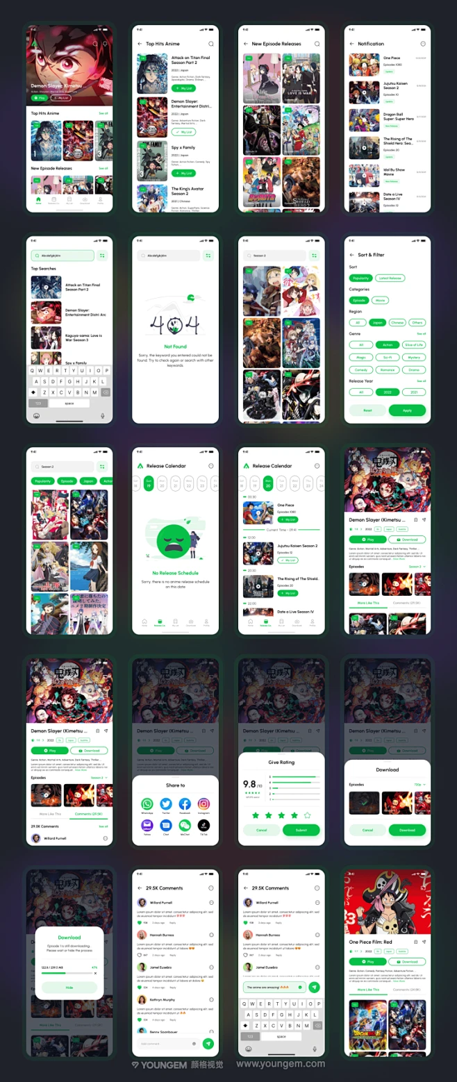 130屏动漫流媒体在线影视电影app界面设计明暗UI套件模板下载_颜格视觉-花瓣网