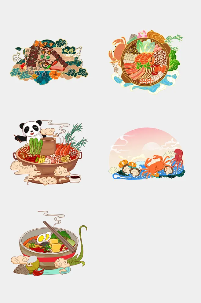 重庆海鲜火锅汤面美食插画元素-花瓣网