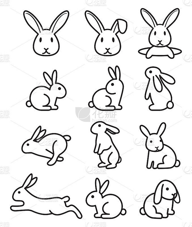 一组兔子兔子图标。矢量插图。素材-花瓣网