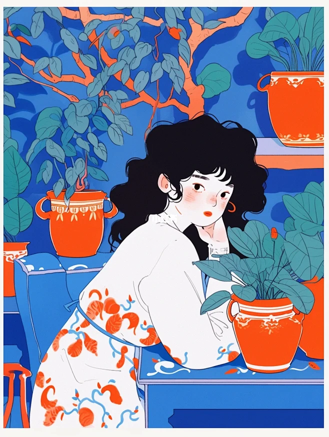 插画日更｜白蓝橘清新配色东方女孩-花瓣网