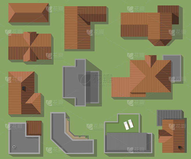 房子，屋顶，向量集的顶视图。现代、 高科技和经典的屋顶的房子.