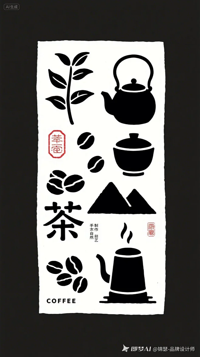 jimeng-2025-07-08-7481-LOGO设计，图案设计，创意手绘古风图案，茶叶，茶碗，手作，茶山，咖啡豆，咖啡器-花瓣网