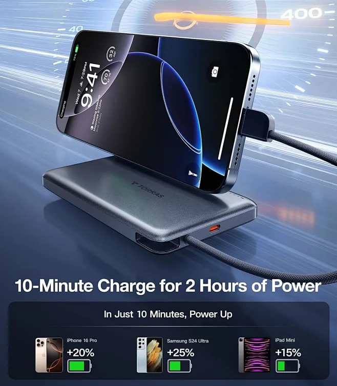 Amazon.com: TORRAS Power Bank with Built-in USB-C Cable, Ultra-Slim 10 ...