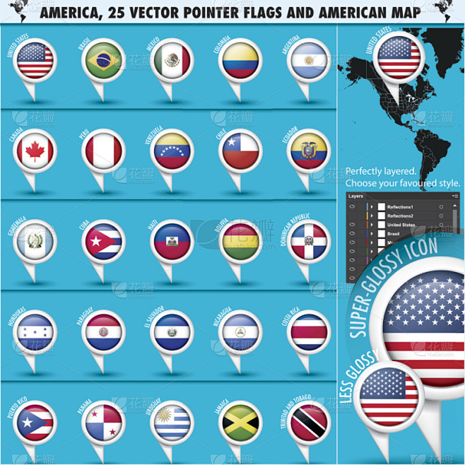 美国指针旗帜图标与美国地图set1