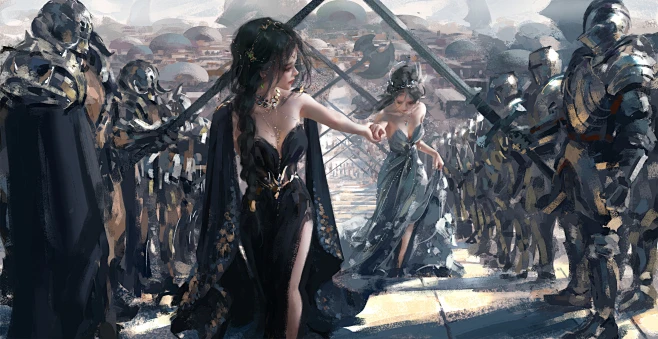 General 5440x2804 WLOP digital art artwork illustration digital painting women couple medieval ...