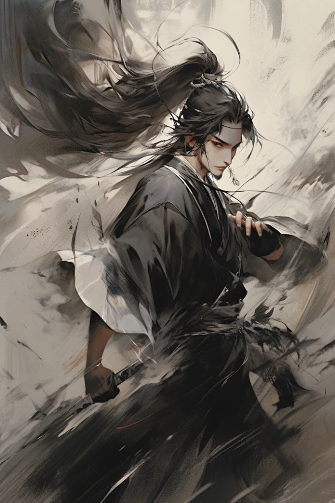 古风少年水墨武侠剑客插画-花瓣网