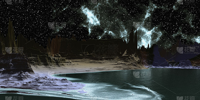 Alien Planet. Mountain and lake. 3D rendering
