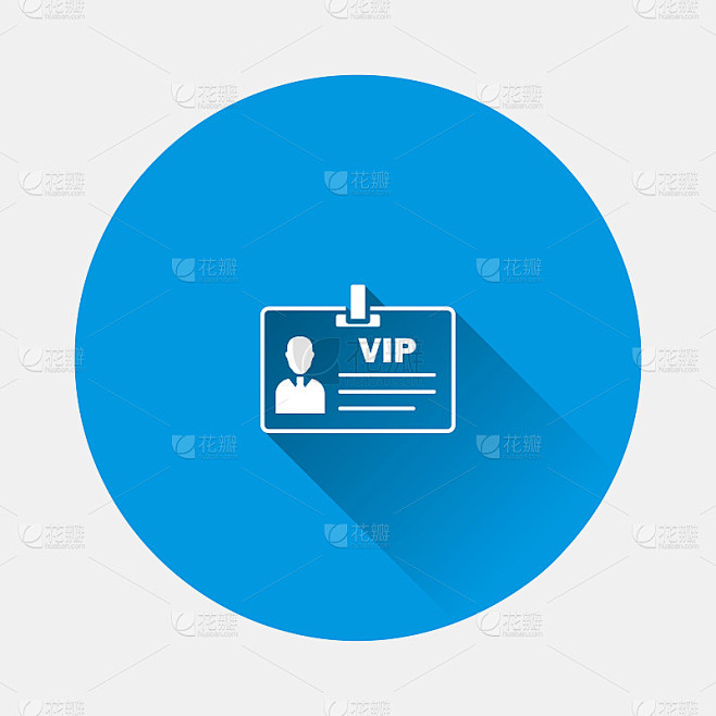 矢量图标人物vip卡、客户卡。蓝色背景上带有照片图标的识别徽章的矢量插图。平面图像与长阴影。