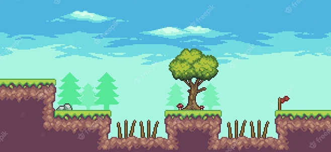 pixel-art-arcade-game-scene-8bit-with-trees-thorns-clouds-stones-flag_360488-186-花瓣网