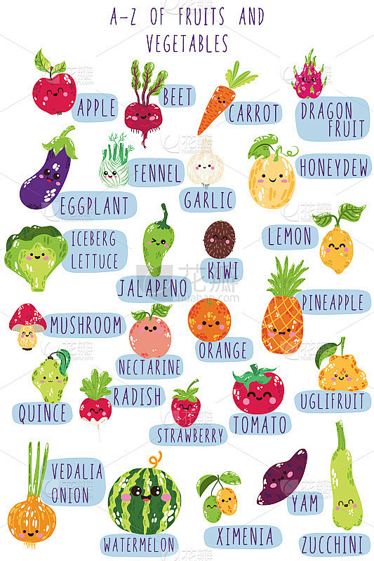 儿童教育海报。儿童英语ABC卡通蔬菜和水果。蔬菜和水果按字母顺序排列。蔬菜和水果的英文名称。健康的生