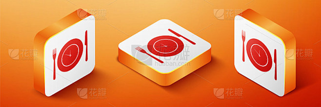 Isometric Plate with clock, fork and knife icon is