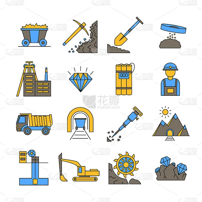 Diamond Mining Signs Color Icon Set. Vector素材-花瓣网