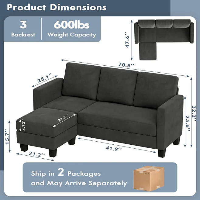 Amazon.com: Acurax Convertible Sectional Sofa Couch, L-Shaped 3 Seat ...
