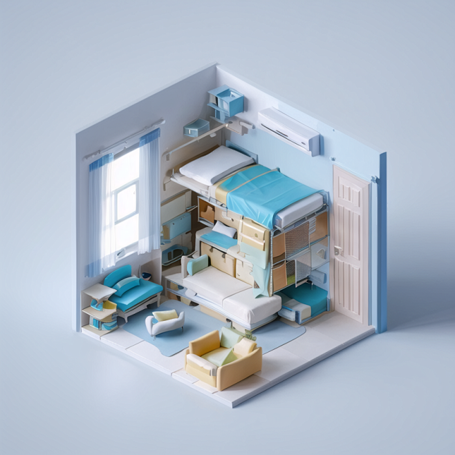 剖面房间卧室厨房3D小房间模型 (15)