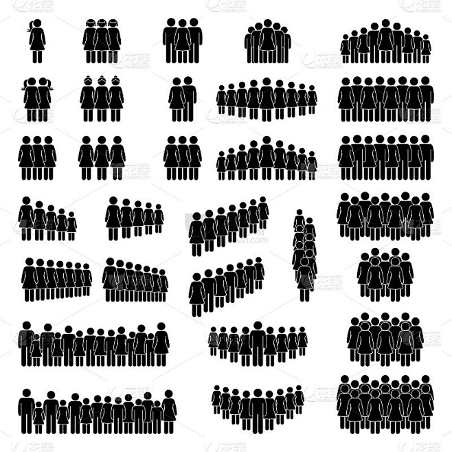 一组简笔画的女人男人站着，排队等候，排向量图标插画集。斯蒂克曼女孩女人群人类社区象形图上的白色背景
