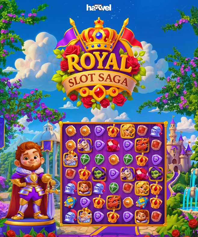 Royal slot game UI with cartoon king, fantasy map and puzzle grid.-花瓣网
