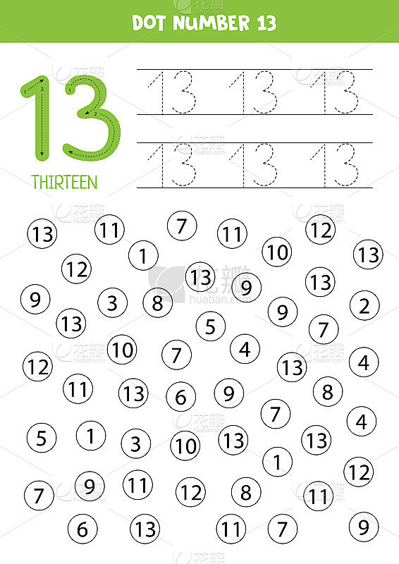 Find and dot number 13. Math game for kids.