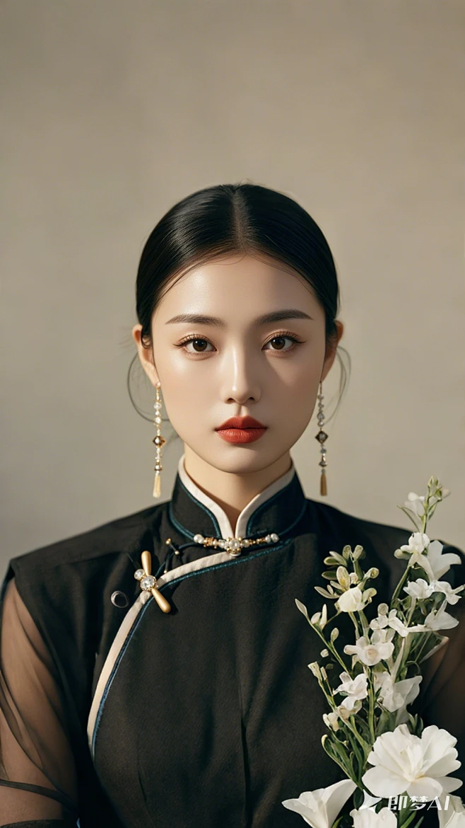 中式梦与氛围人像摄影，特写半身，一个温婉知性的东方美人 中式人物人物摄影，纯色背景。-花瓣网