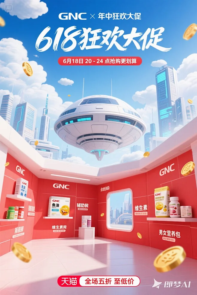 jimeng-2025-05-26-57-这是一张GNC保健品品牌天猫618电商促销海报。构建一个未来感的创意空中飞船的建筑，外观和内部空间融入GNC品牌保健品（鱼油，辅酶，维生素，男女营养包 ...
