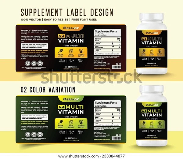 Multi vitamin label sticker design and food supplement sticker banner ...