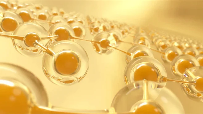 金、橙分子或原子的3d渲染 抽象结构科学背景 花瓣网