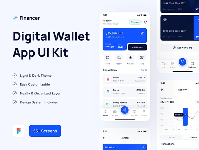 Financer - Financial & Digital Wallet App UI Kit 55屏国外第三方支付金融数字钱包app用户 ...