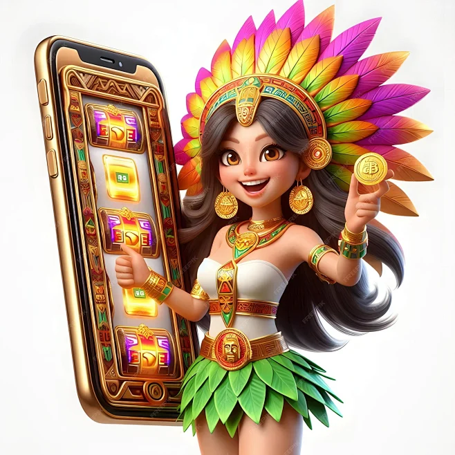 Aztec slot game character holding phone with white background-花瓣网