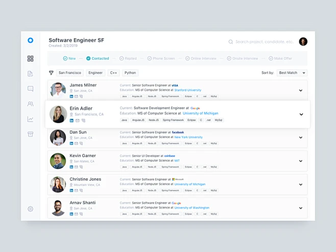 Talent Sourcing Tool - Candidate Page job app system saas dashboard ...
