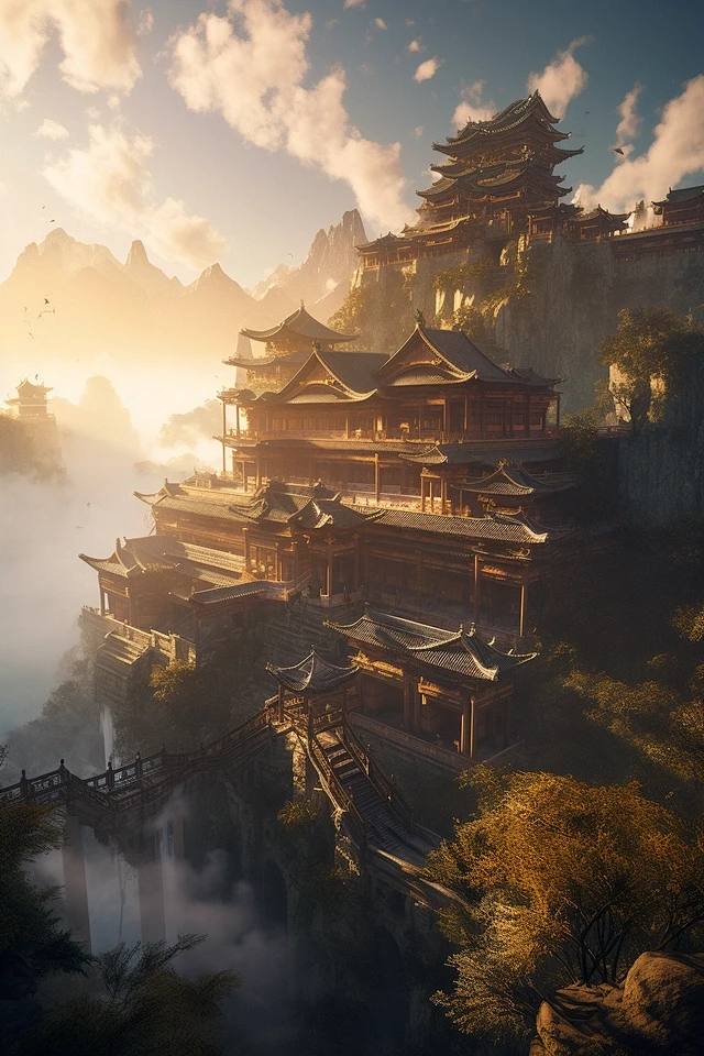 a great Chinese palace is above clouds, Distant waterfalls flow down ...