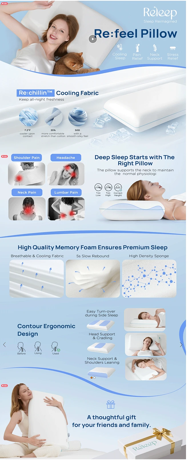 Amazon.com: Releep Cooling Soft Memory Foam Pillow, Cervical Neck Pillow for Side Sleepers, Back ...