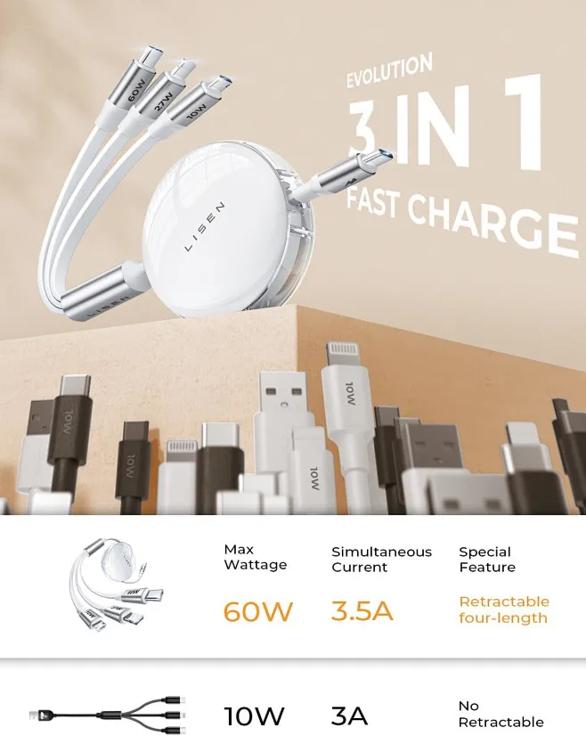 Amazon.com: LISEN 60W/3.5A Multi Charging Cable, Retractable Phone ...
