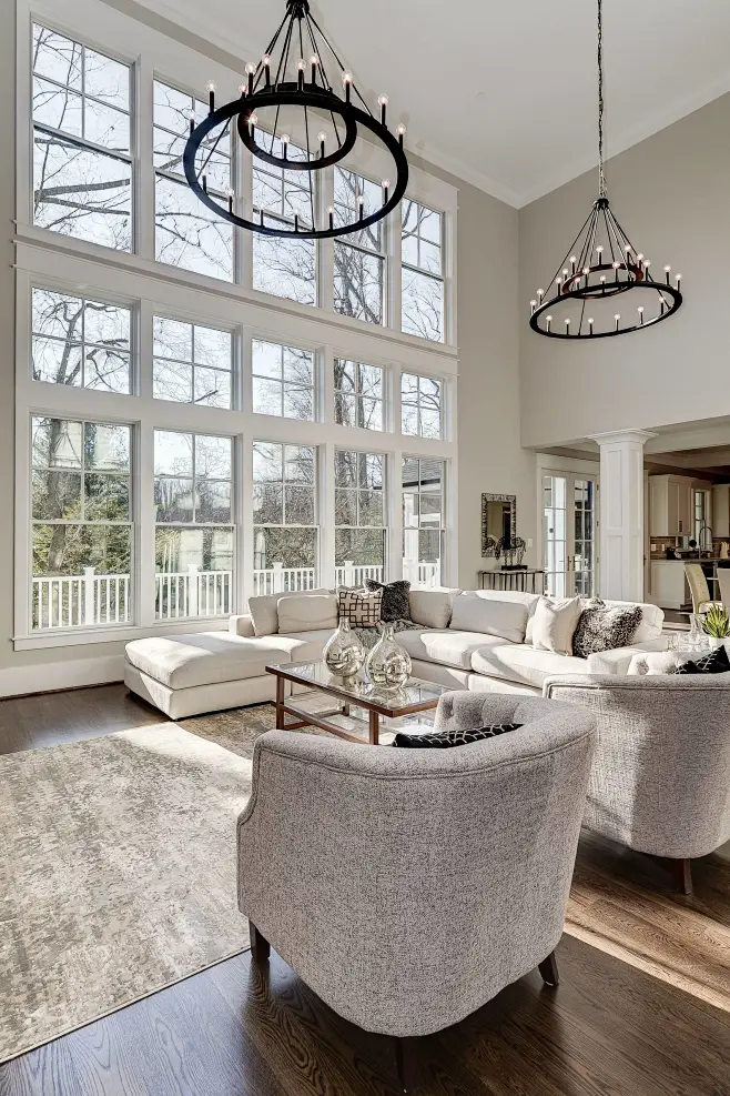 Living room - traditional open concept dark wood floor and brown floor ...