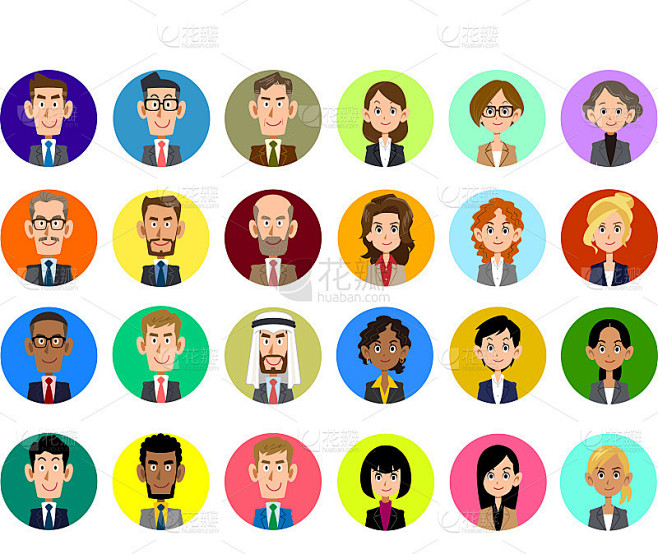 穿着西装的不同种族男女上半身的圆形图标