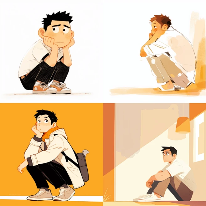 A crouching young man with a dejected and timid expression, simple ...