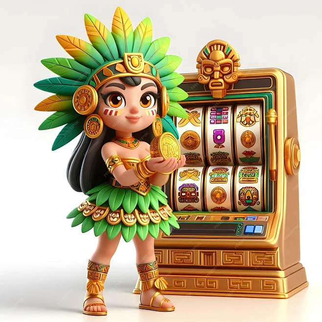 Aztec slot game character holding phone with white background-花瓣网