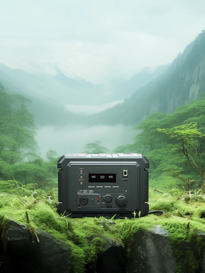 A black portable generator is laying in the grass, in the style of ...