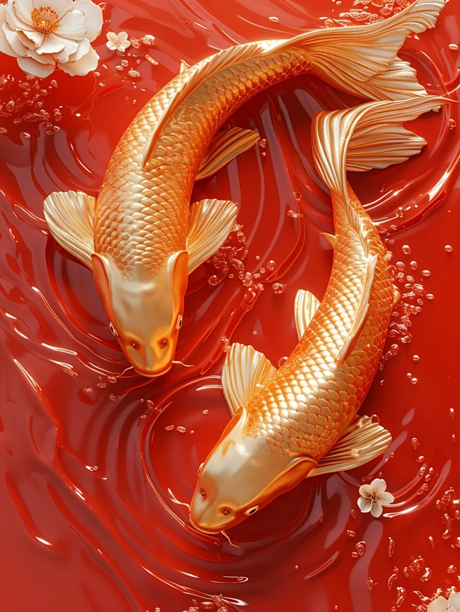 two pure gold Chinese koi fish on a red background,in the water,flower ...