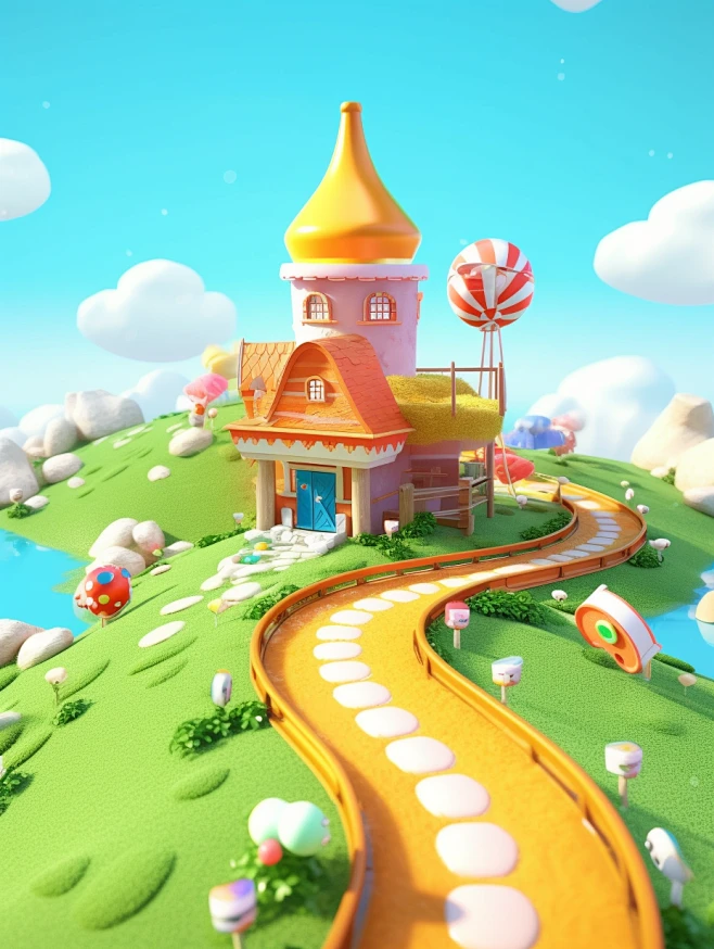 Seaside, bouncy castle, spinning road, C4D, cartoon style 3D rendering ...