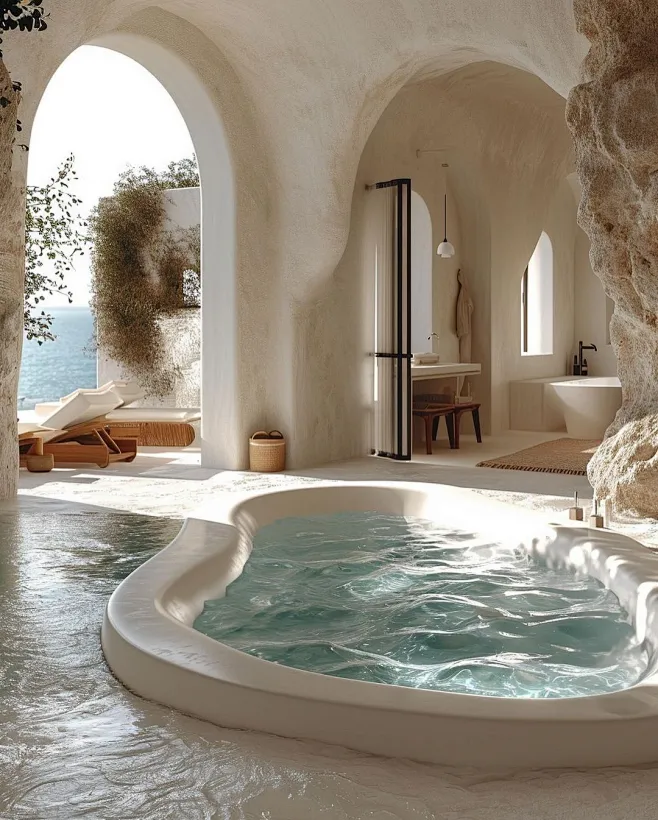 an indoor jacuzzi tub in the middle of a room with stone walls and ...