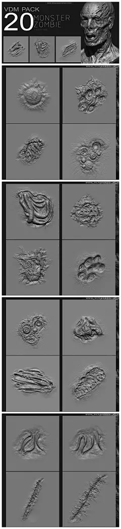 zbrush僵尸动物怪物腐烂肉体伤口腐肉身体脸部皮肤细节纹理zb笔刷 CG原画参考设定-花瓣网