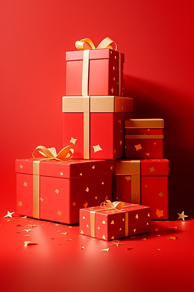 Red present boxes with stars on top and gold ribbon thrown onto the red ...