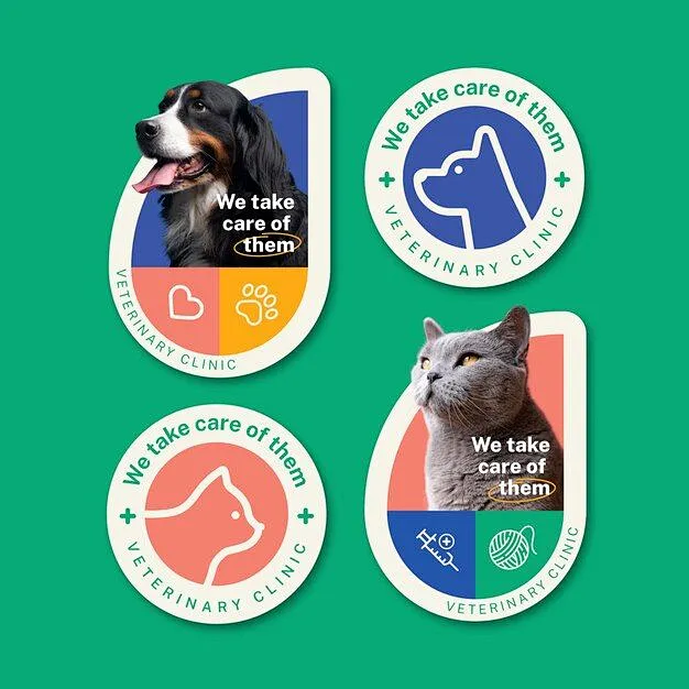 This may contain: three stickers with cats and dogs on them, one is for ...