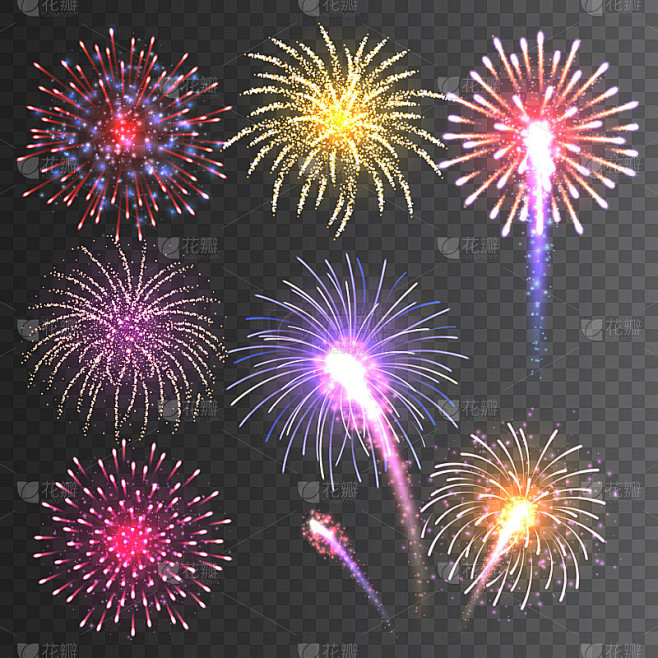 Festive fireworks collection. Realistic colorful f