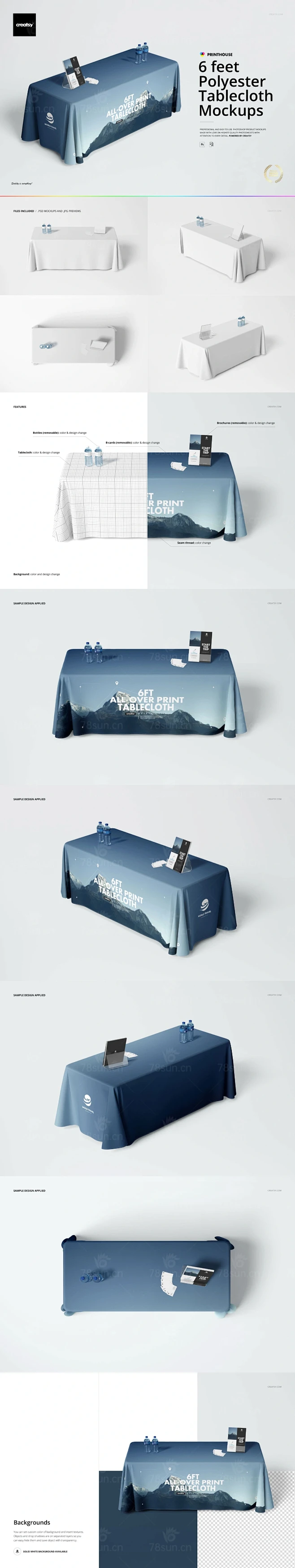 6英尺聚酯桌布设计智能样机贴图模板6ft Polyester Tablecloth Mockup-花瓣网